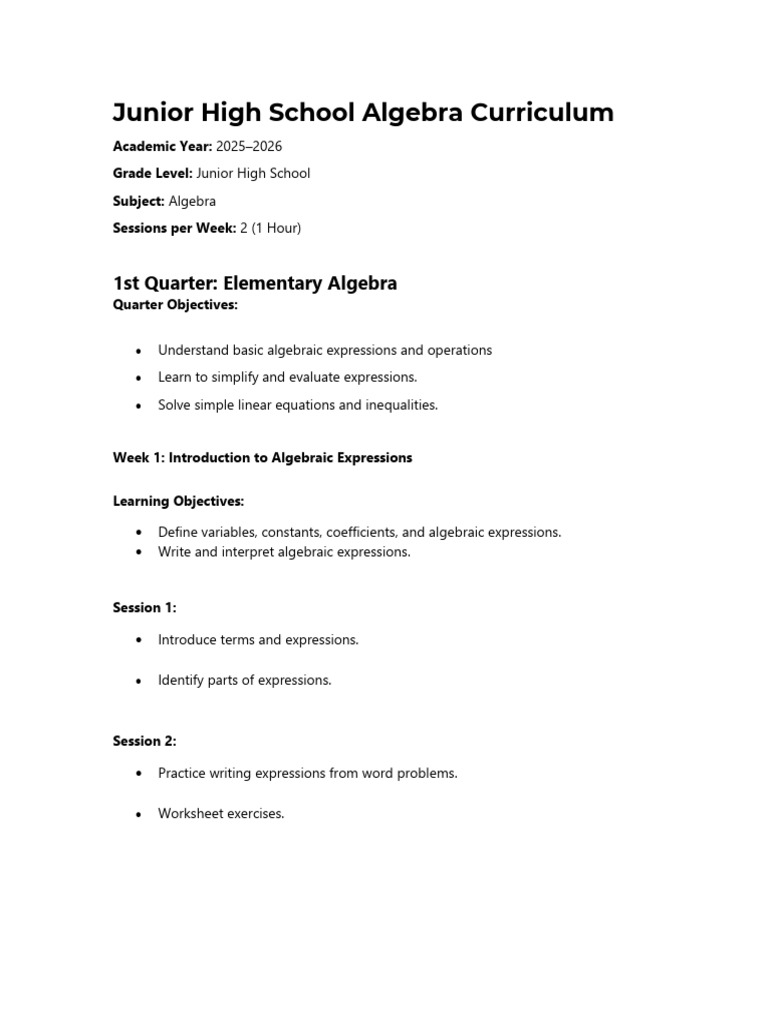 Junior High Algebra Curriculum 2025-2026 | PDF | Algebra | Multiplication