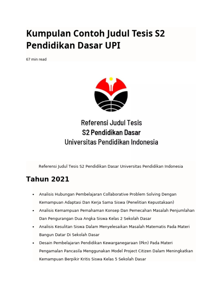 Kumpulan Contoh Judul Tesis S2 Pendidikan Dasar UPI | PDF