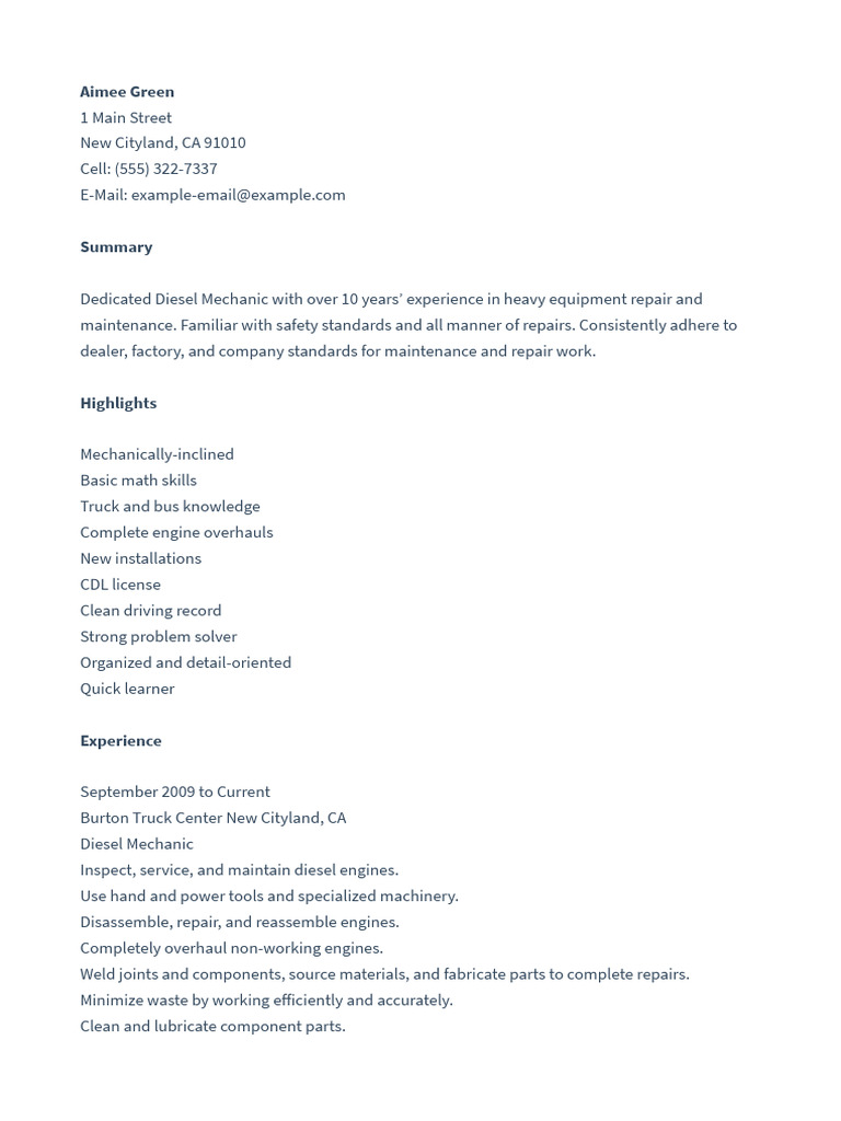 Diesel Mechanic Resume | PDF