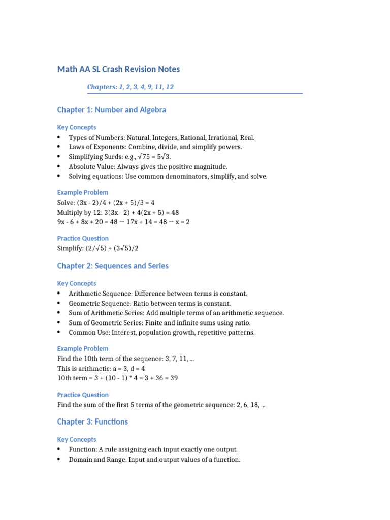 Math AA SL Crash Revision Notes | PDF | Arithmetic | Derivative