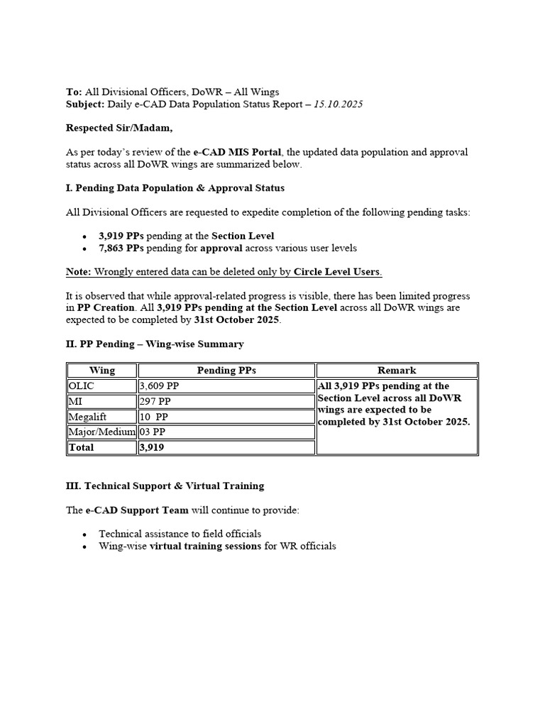Daily E - CAD Status Report DT 15.10.2025 | PDF | Software | Computing