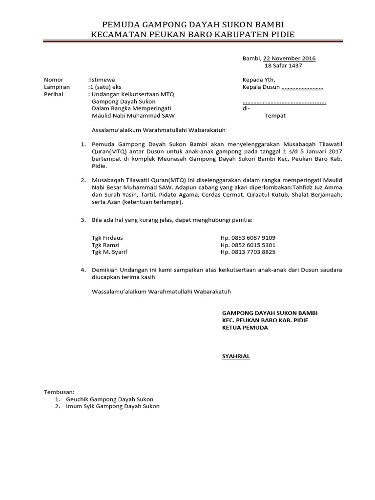 Surat Undangan MTQ Gampong | PDF