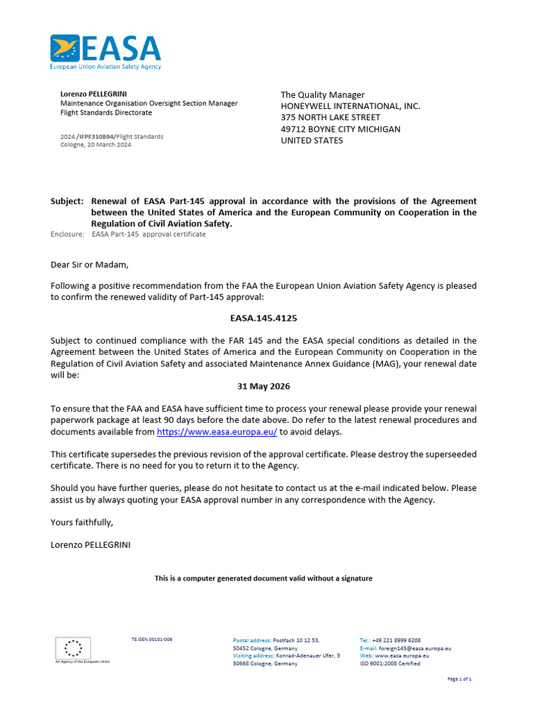 EASA Part-145 Renewal Confirmation | PDF | Aviation