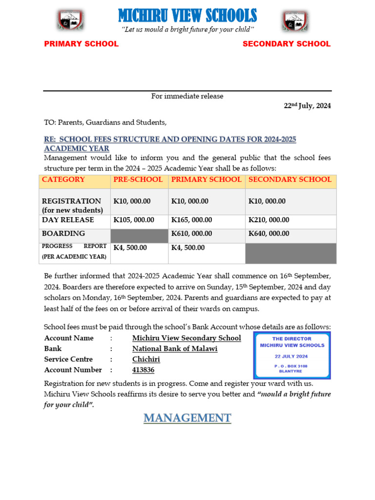 Michiru View Schools 2024 Fees Structure | PDF