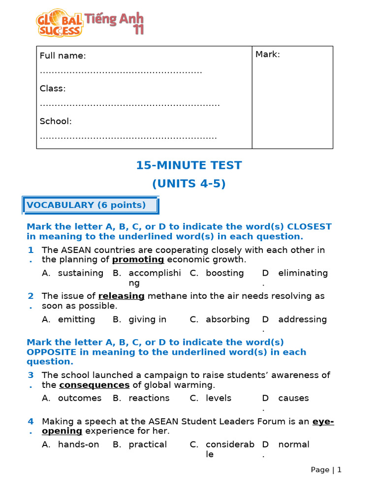 15-Minute Test 2 (Units 4-5) | PDF | Natural Environment