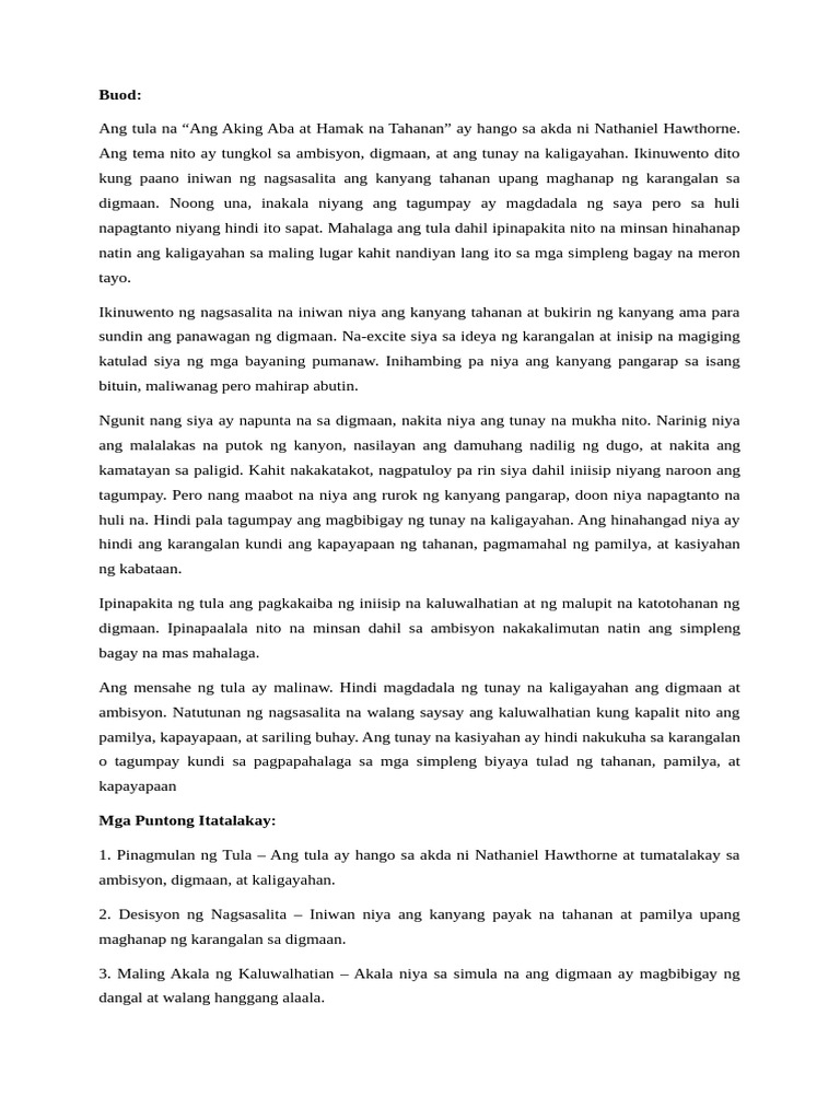 Filipino 10 Written Report (Ang Aba at Hamak NG Tahanan) | PDF