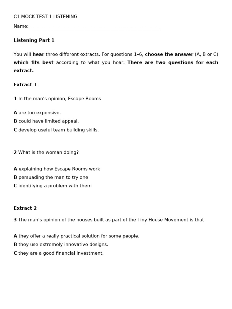 C1 MOCK TEST 1 LISTENING Pratice | PDF