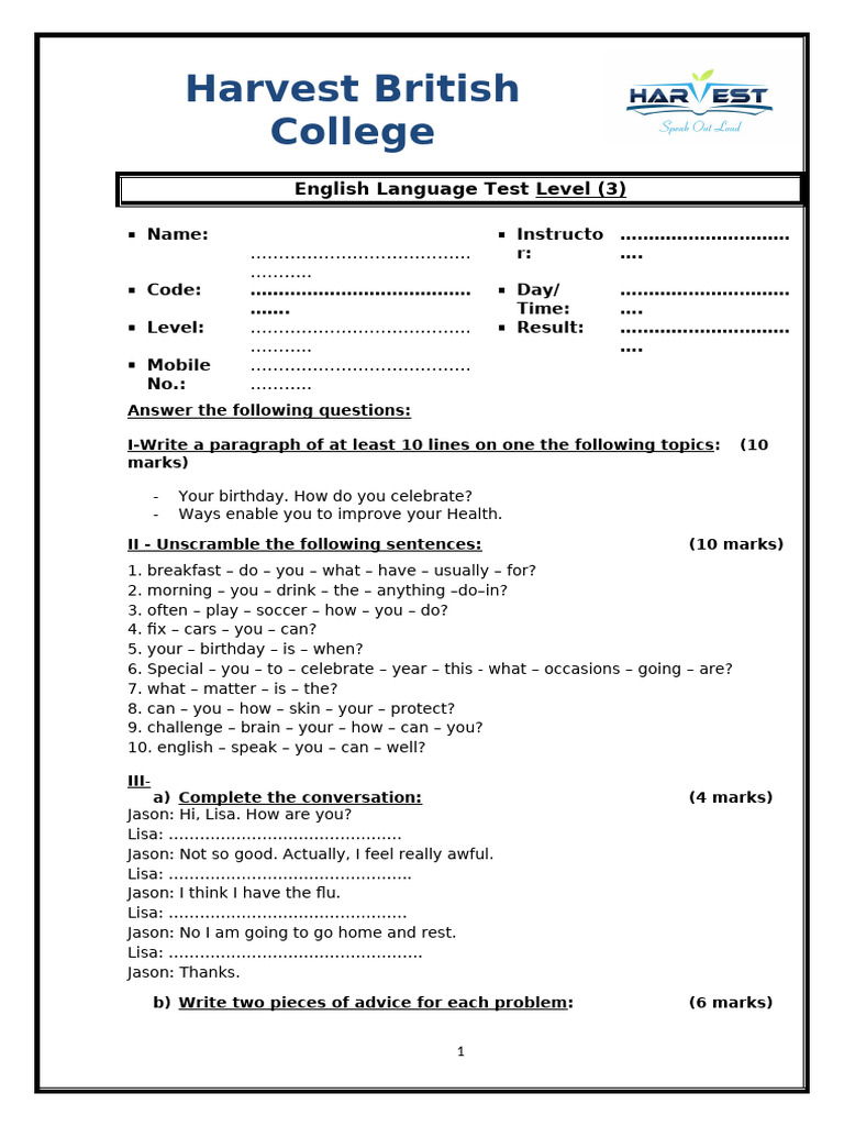 Final - Exam Level (3) - Sample | PDF
