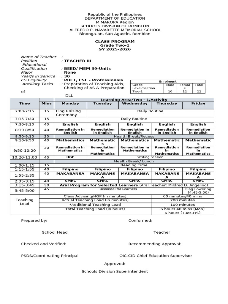 Grade 2 Individual Class Program S.Y 25 26 1 | PDF