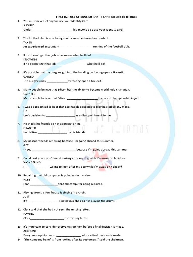 First b2 - Use of English Part 4 Chris' Escuela de Idiomas | PDF