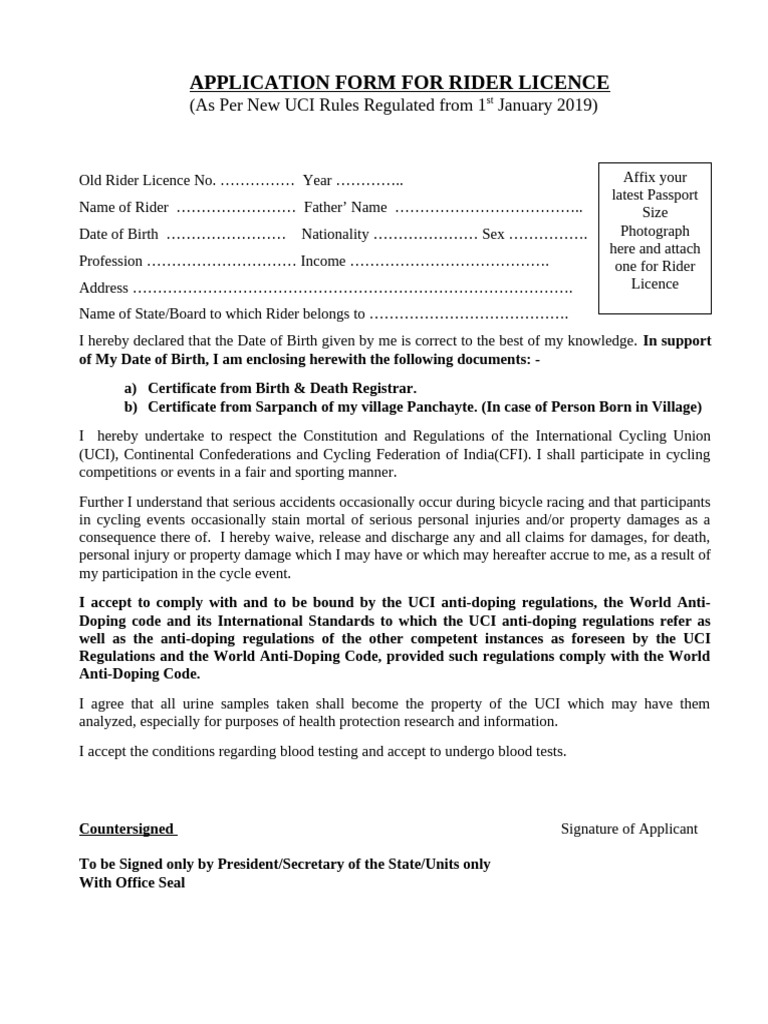 Rider Licence Form | PDF | Doping In Sport