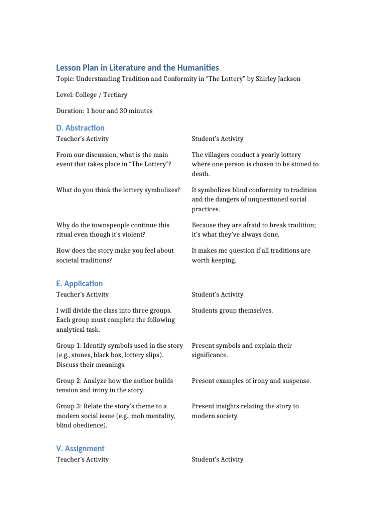 Lesson Plan Literature and Humanities The Lottery | PDF