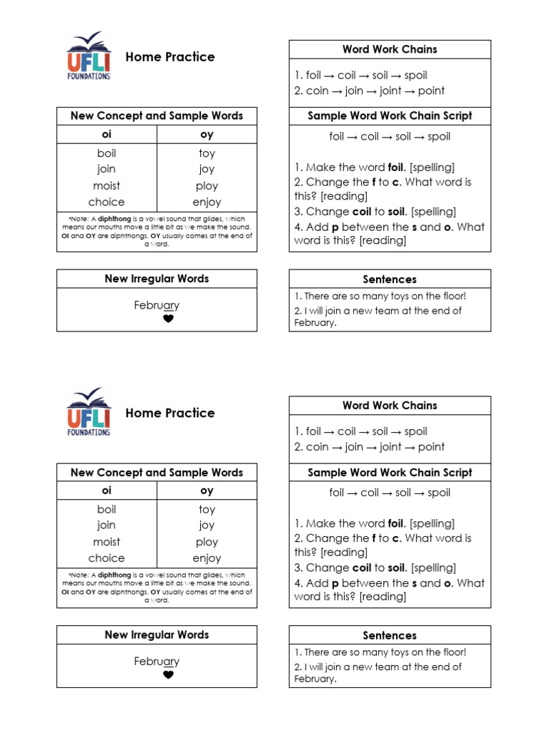 UFLI Home Practice: OI and OY Diphthongs | PDF | Phonology | Human Voice
