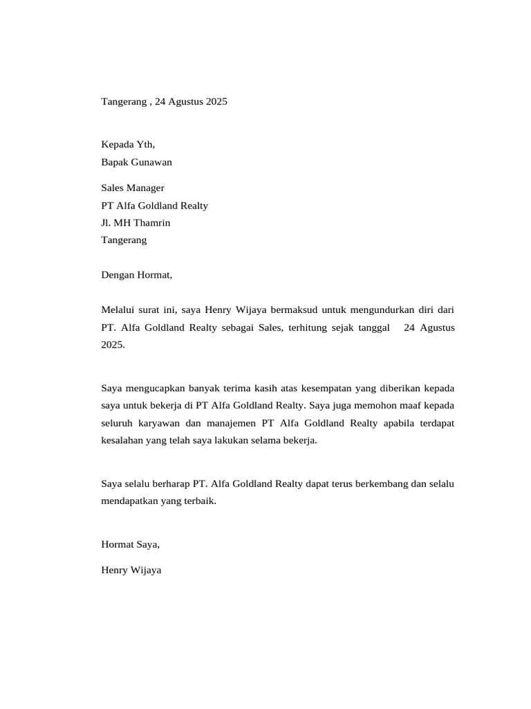 Surat Pengunduran Diri Henry Wijaya | PDF