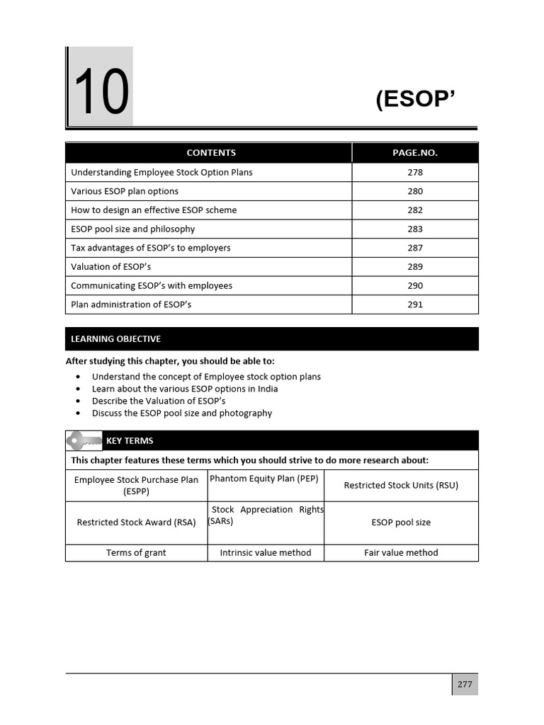 Chapter 10 Understanding Employee Stock Option Plans ESOPs | PDF | Stocks | Employee Stock Option
