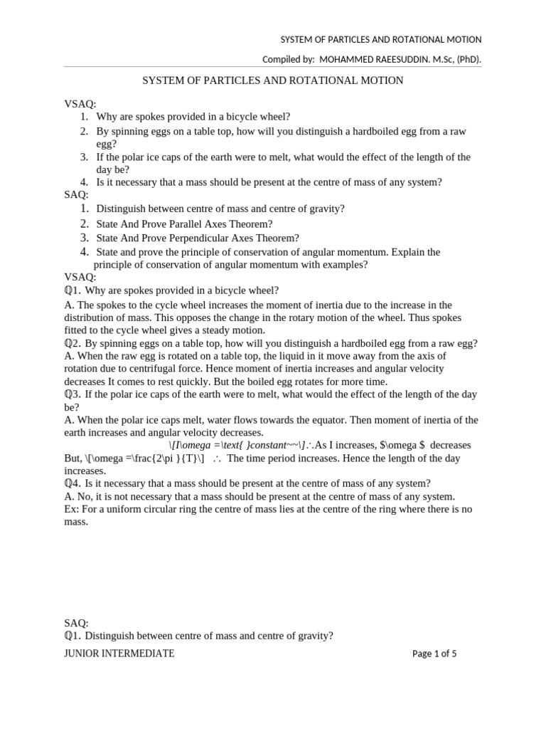 7.system of Particles and Rotational Motion | PDF | Rotation Around A ...