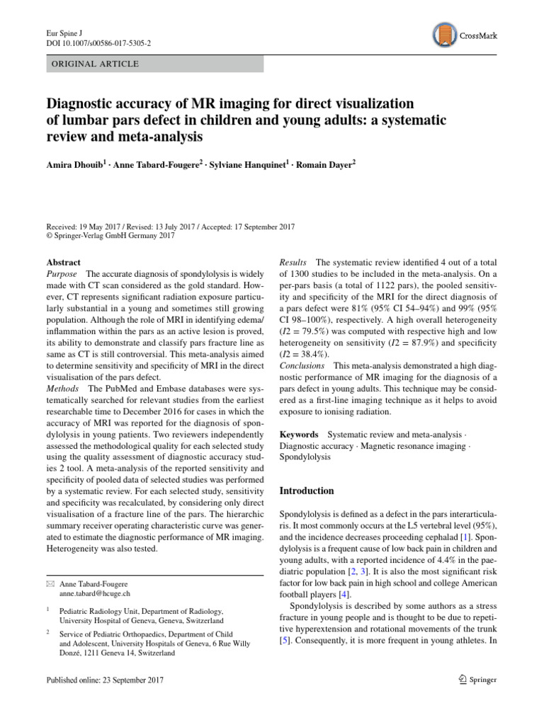 MRI Accuracy for Lumbar Pars Defect | PDF | Magnetic Resonance Imaging ...