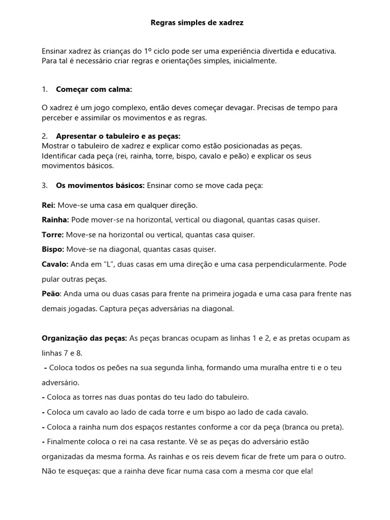 Regras Simples para Ensinar Xadrez | PDF
