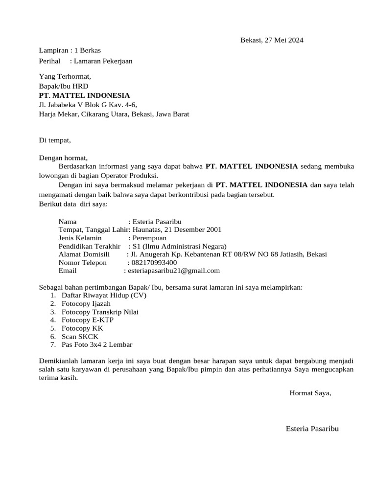 Lamaran Kerja Esteria di PT Mattel | PDF