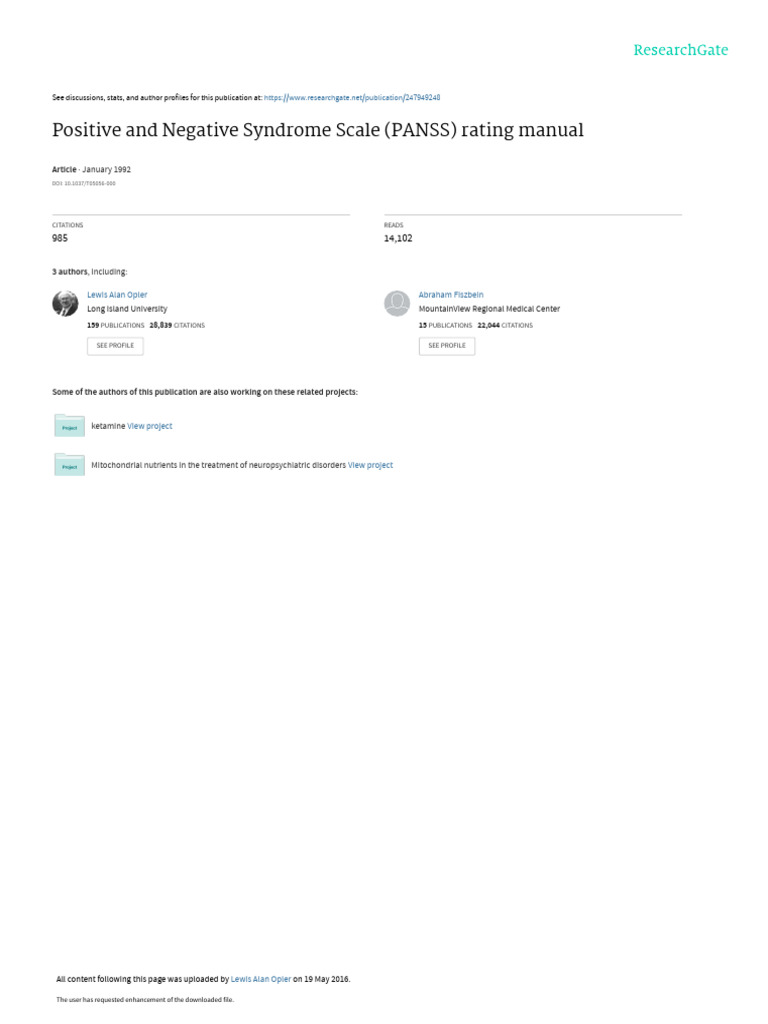 PANSS Rating Manual Overview | PDF | Major Depressive Disorder ...