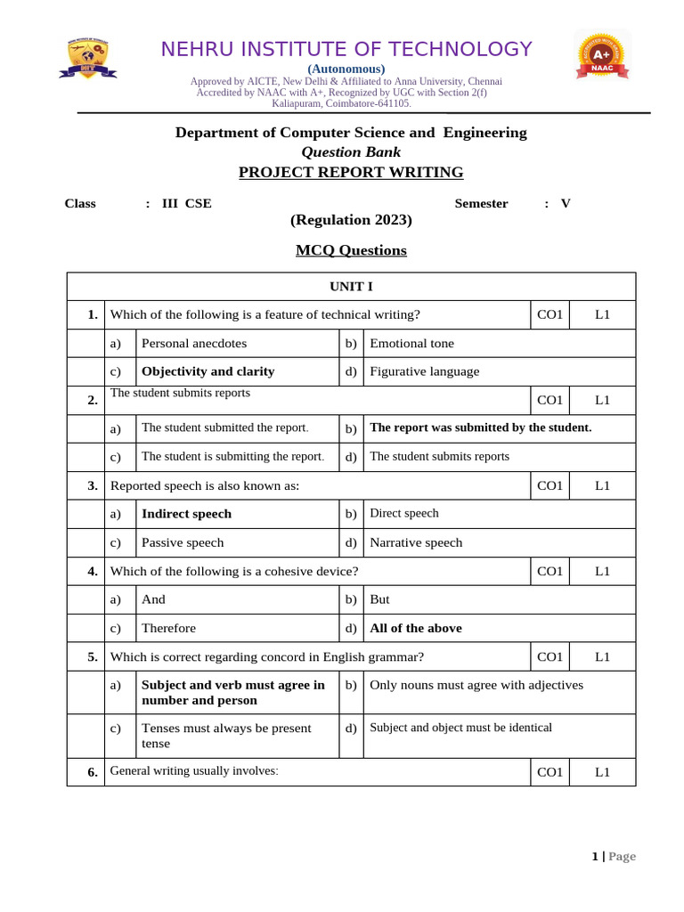 Question Bank Format - R2023 Project Report Writing | PDF | Citation | Abstract (Summary)