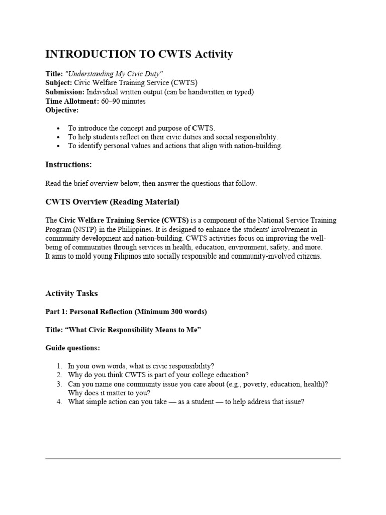 Introduction to Cwts Activity 1 | PDF