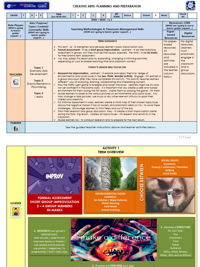 Grade 7 Drama Lesson Plan: Improvisation | PDF | Learning | Lesson Plan