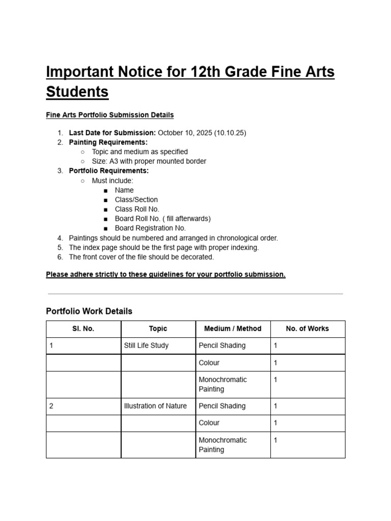 Fine Arts Portfolio. Guidelines STD 12 TH | PDF