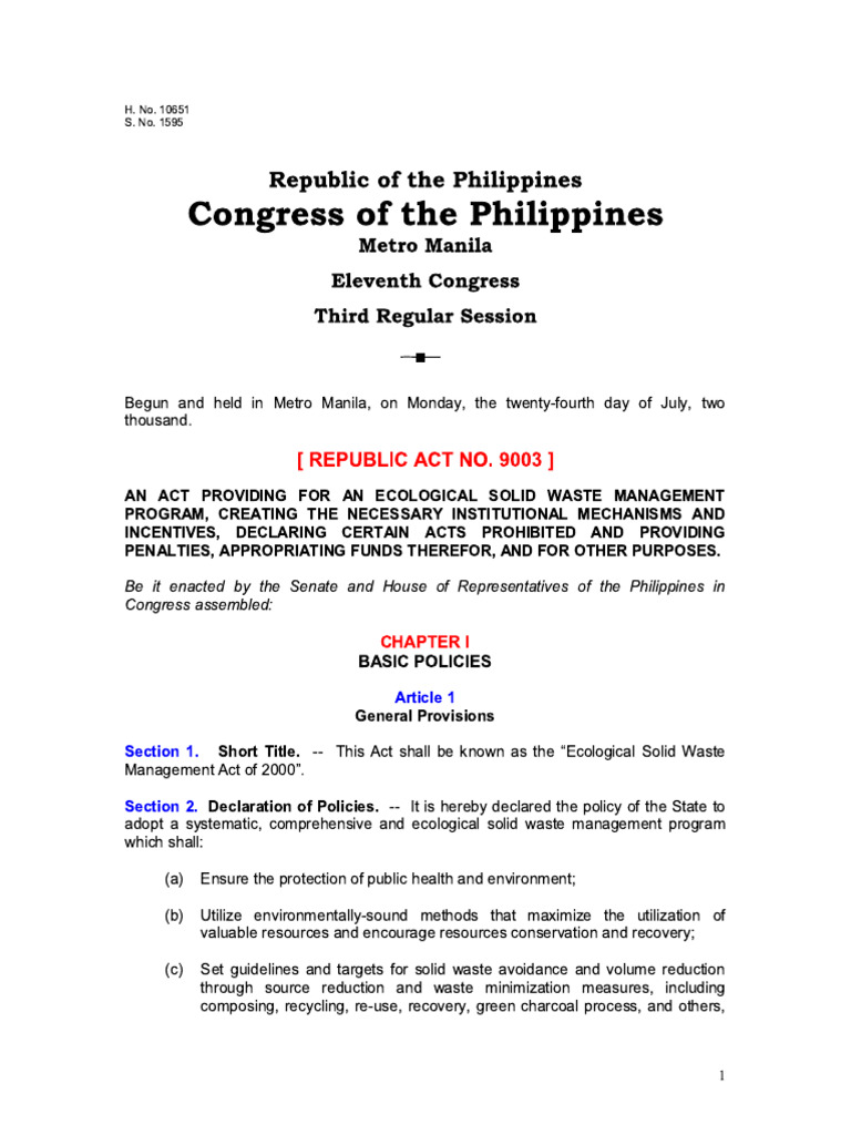 7. RA 9003 - Ecological Solid Waste Management Act of 2000 | PDF
