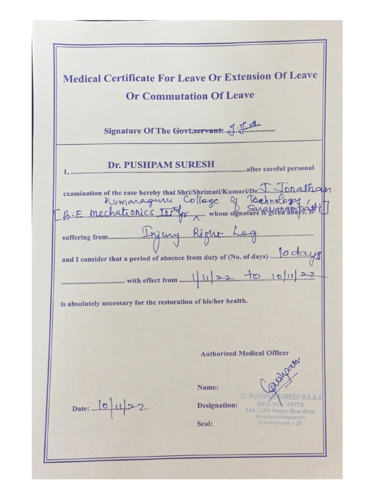 Medical Certificate For Leave or Extension of Leave | PDF