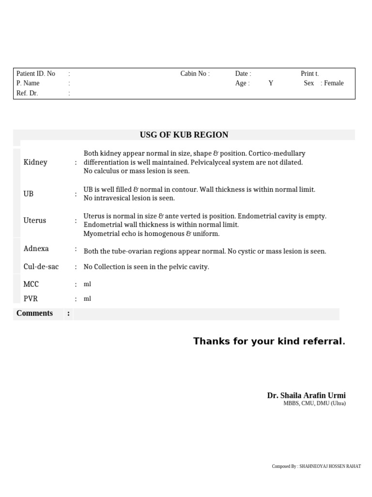 Normal USG Report of KUB Region | PDF