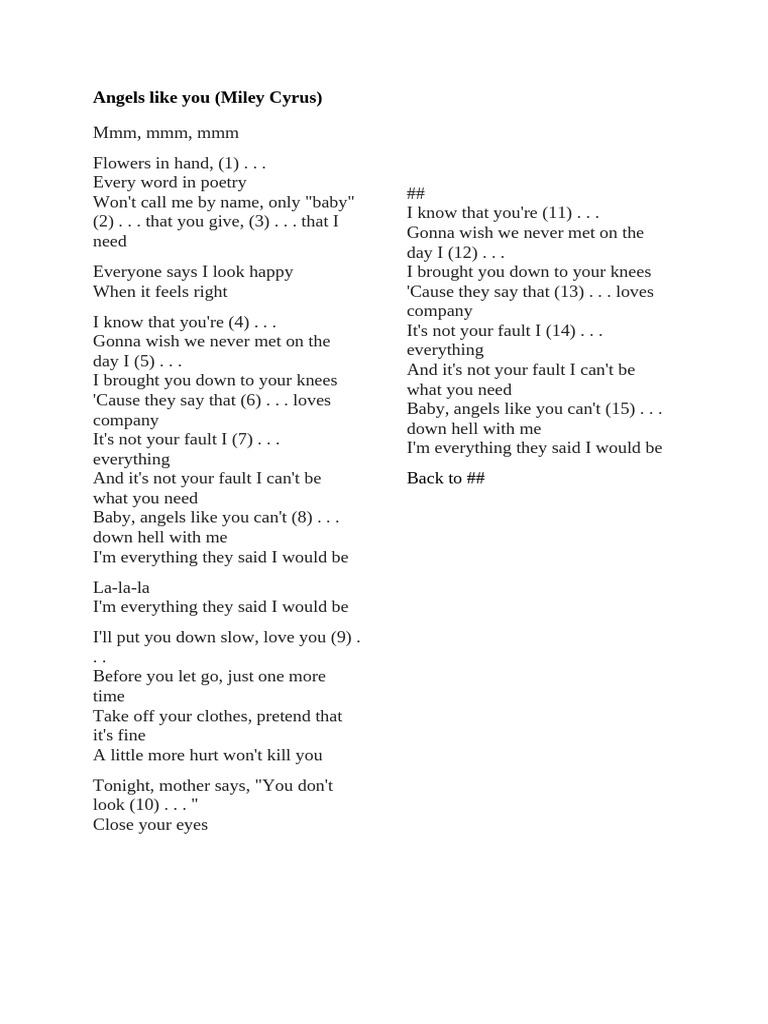 Miley Cyrus - Angels Like You Lyrics | PDF