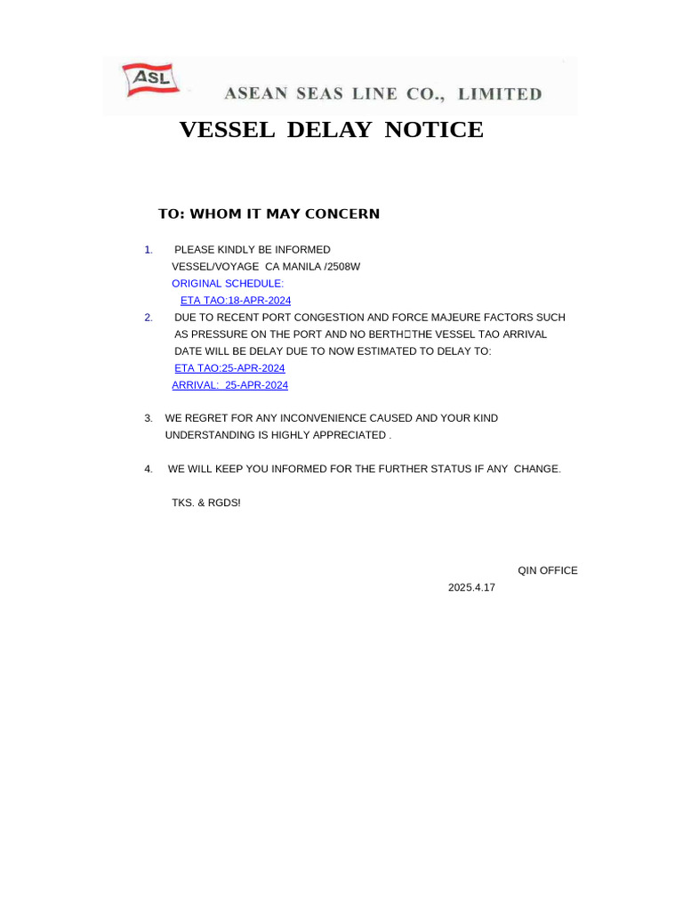 Vessel Delay Notice for TAO Arrival | PDF