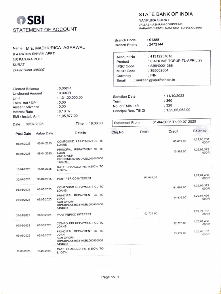 SBI Account Statement for Madhurica Agarwal | PDF | Debits And Credits ...