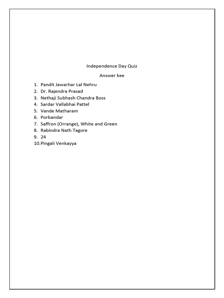 Independence Day Quiz - Answer Kee | PDF