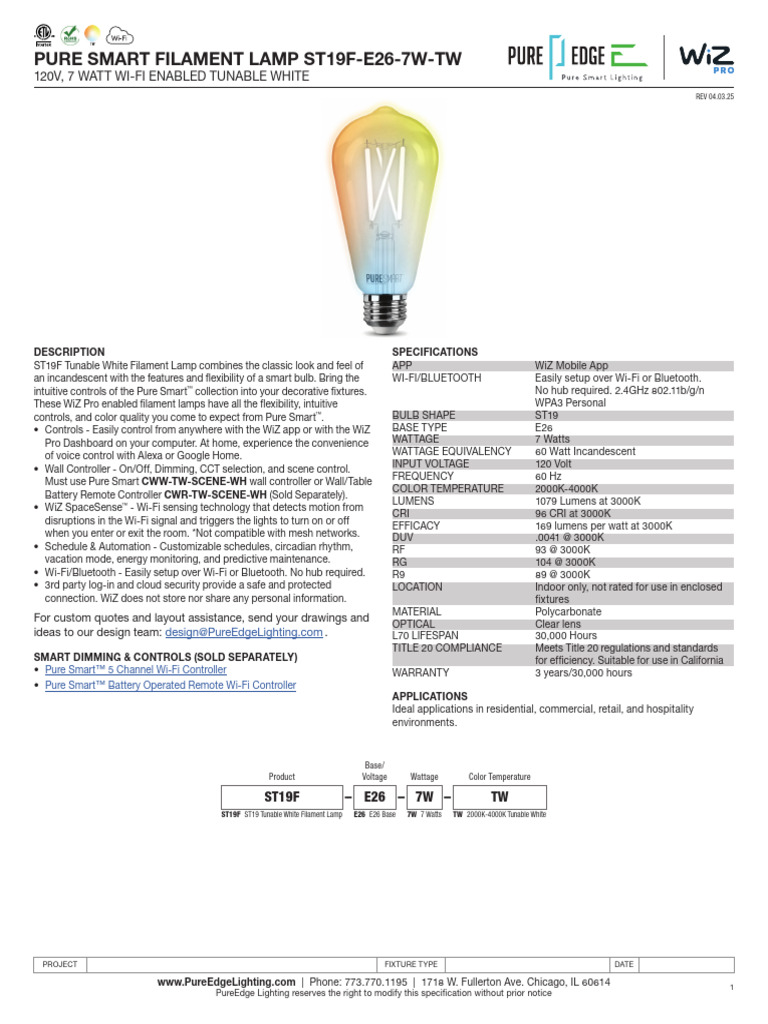 PureEdge Pure Smart ST19F Tunable Filament Lamp | PDF | Incandescent ...