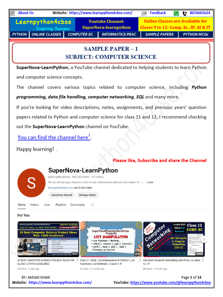 Comp. Sc. Sample Paper-1 | PDF | Parameter (Computer Programming ...