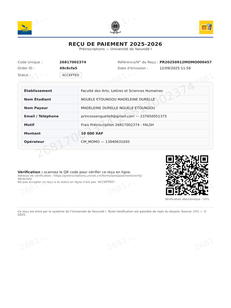 Reçu de Préinscription UY1 2025-2026 | PDF