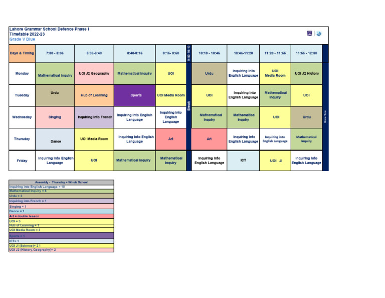 Grade 5 Blue Timetable - 2022-23 | PDF