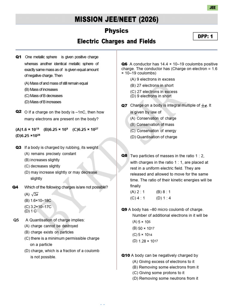 Electric Charges & Field DPP | PDF | Electron | Mass