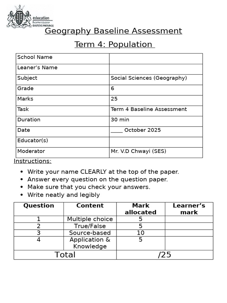 Geography Baseline Assessment Term 4 Grade 6 | PDF