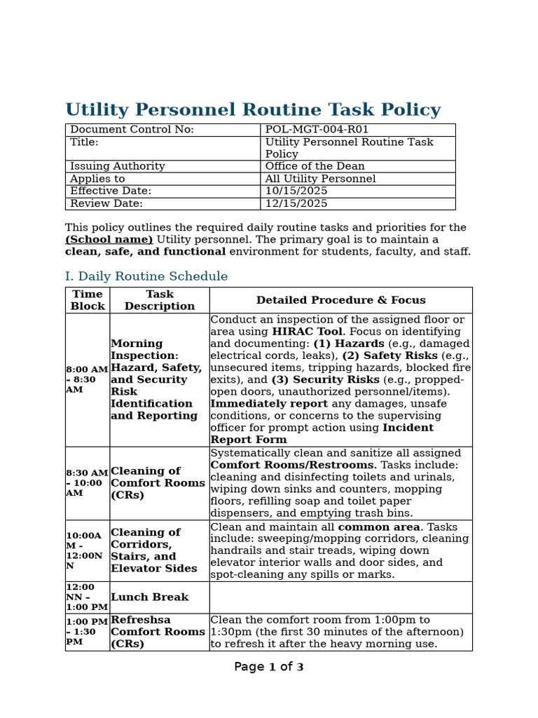 EOMS - Sample - Utility Routine Task Policy | PDF | Public Toilet | Safety