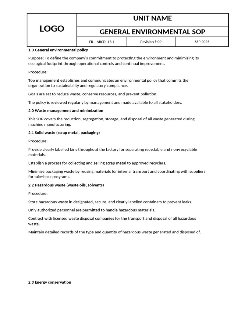 Environmental Management SOP Overview | PDF | Waste | Waste Management