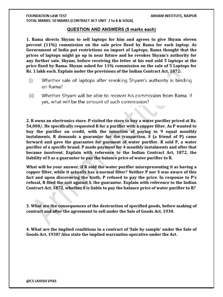 Foundation Law Test: Contract Act & SOGA | PDF | Surety | Guarantee