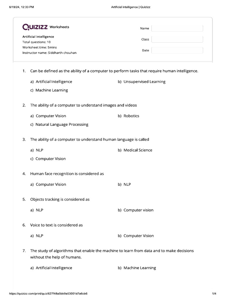 Worksheet Introduction To AI 3 | PDF