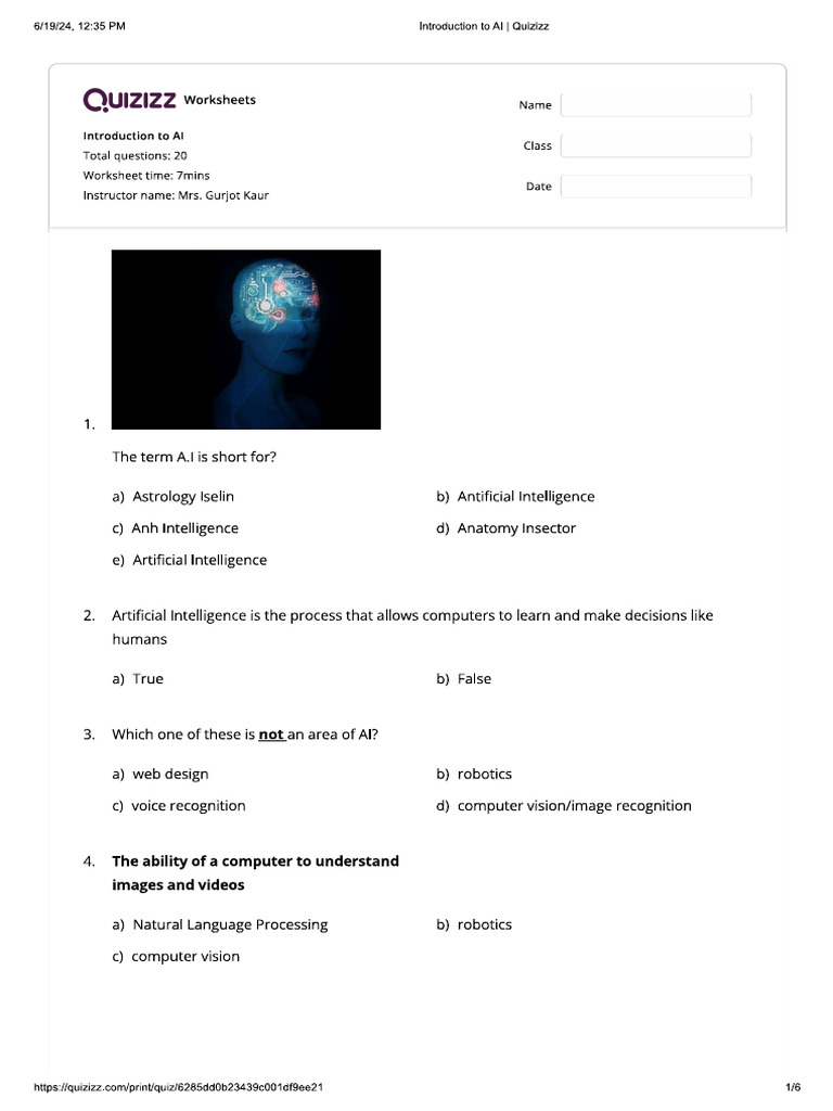 Worksheet Introduction To AI 5 | PDF