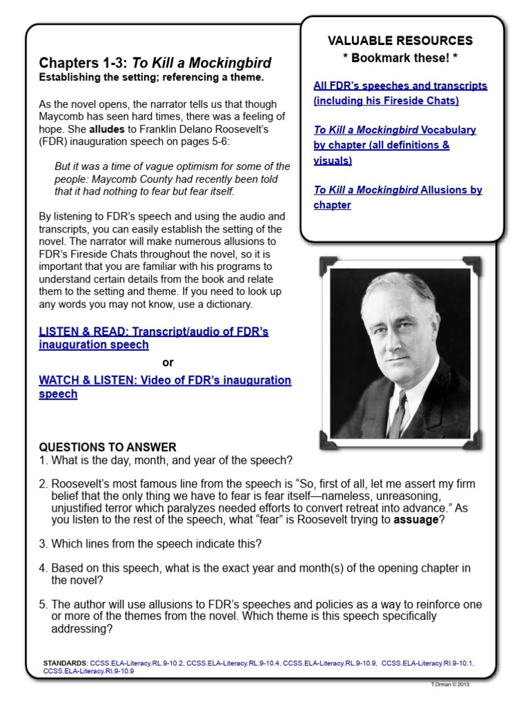 TKM FDRspeech Student | PDF | To Kill A Mockingbird | Franklin D. Roosevelt