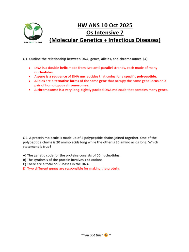 HW ANS 10 Oct 2025 Os Intensive 7 (Molecular Genetics + Infectious ...