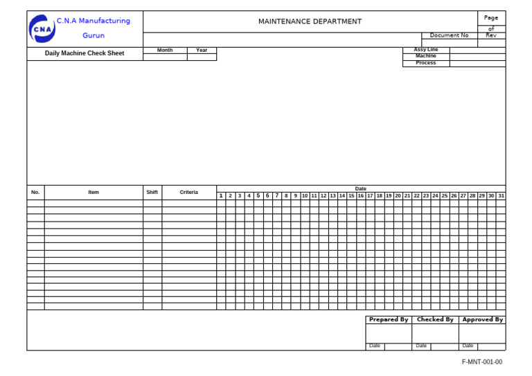 Daily Machine Check Sheet Template | PDF