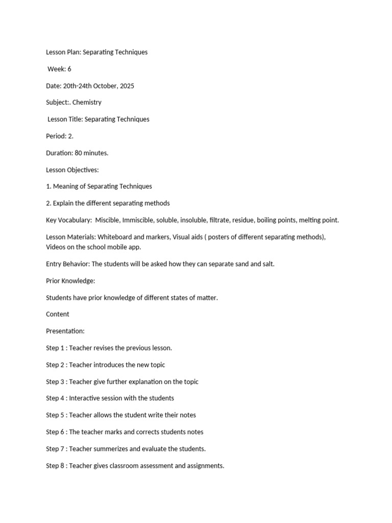 Chemistry WK 6 Lesson Plan | PDF